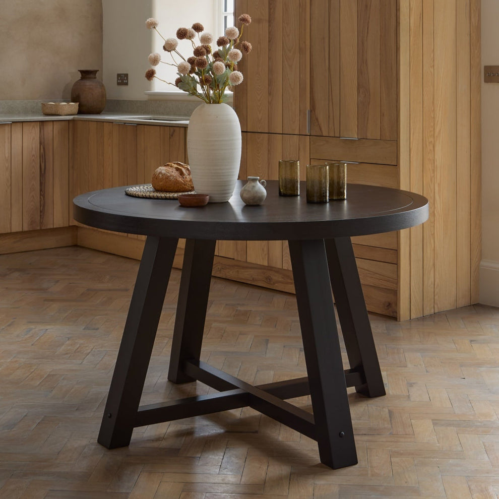 Charlotte Black Oak Round Dining Table Set - 4 Seater - Ella Black Din ...
