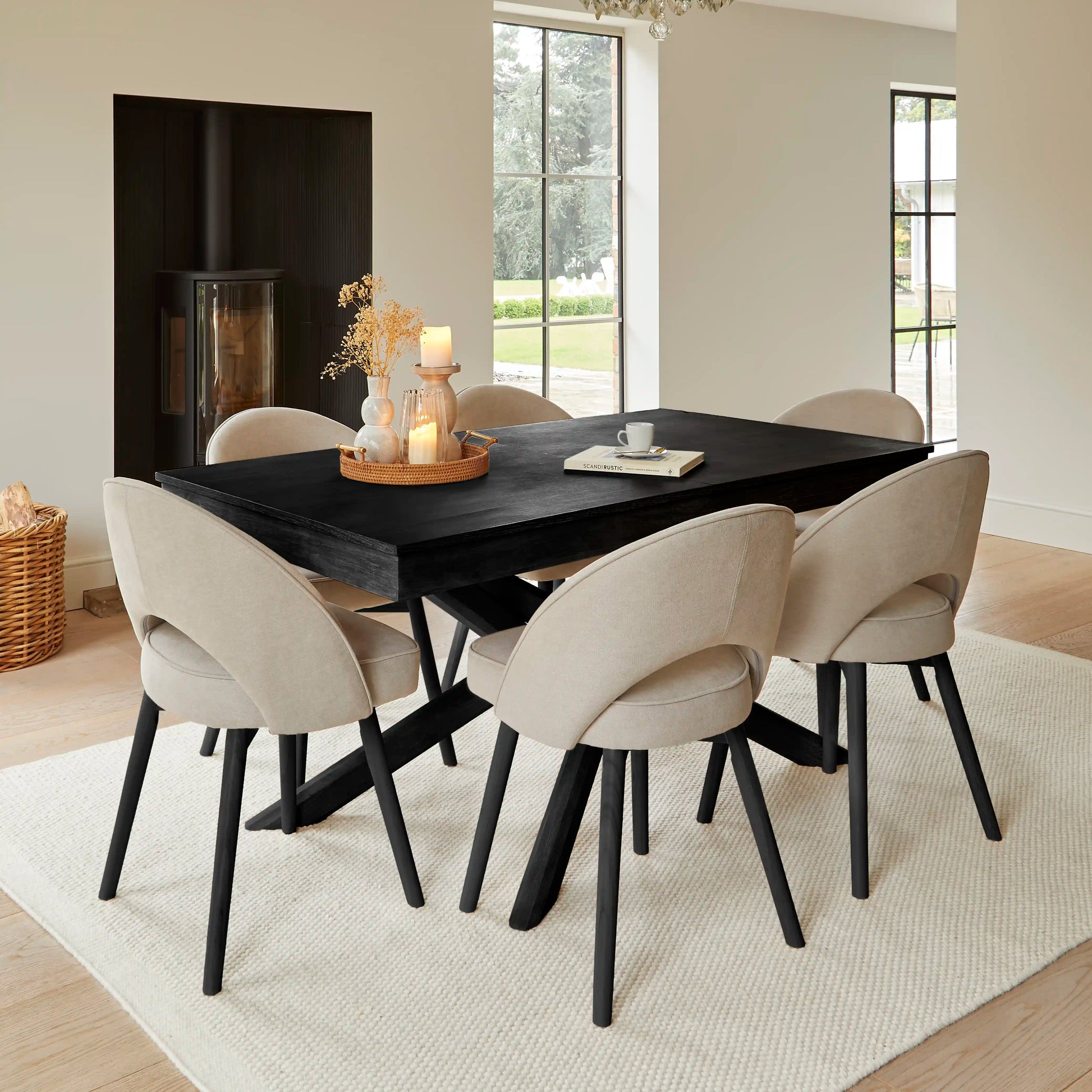 Amelia Black Wooden Dining Table Set - 6 Soft Beige Dining Chairs ...