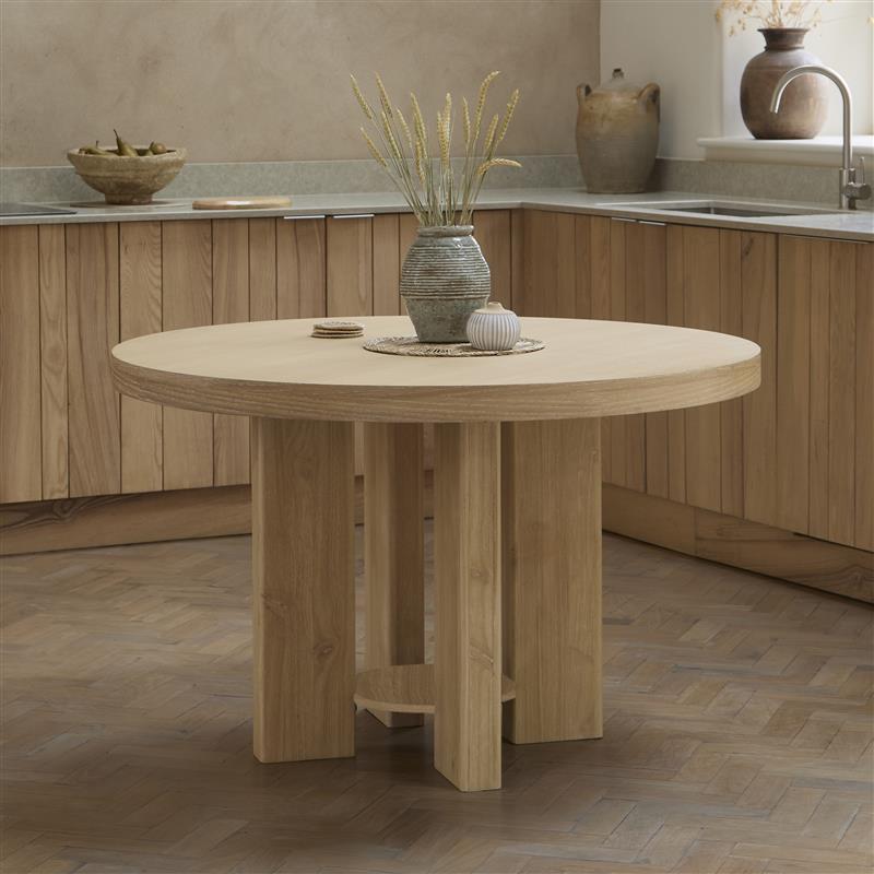 Marlon Whitewash Oak Round Dining Table Set - 4 Seater - Freya Sand Di ...
