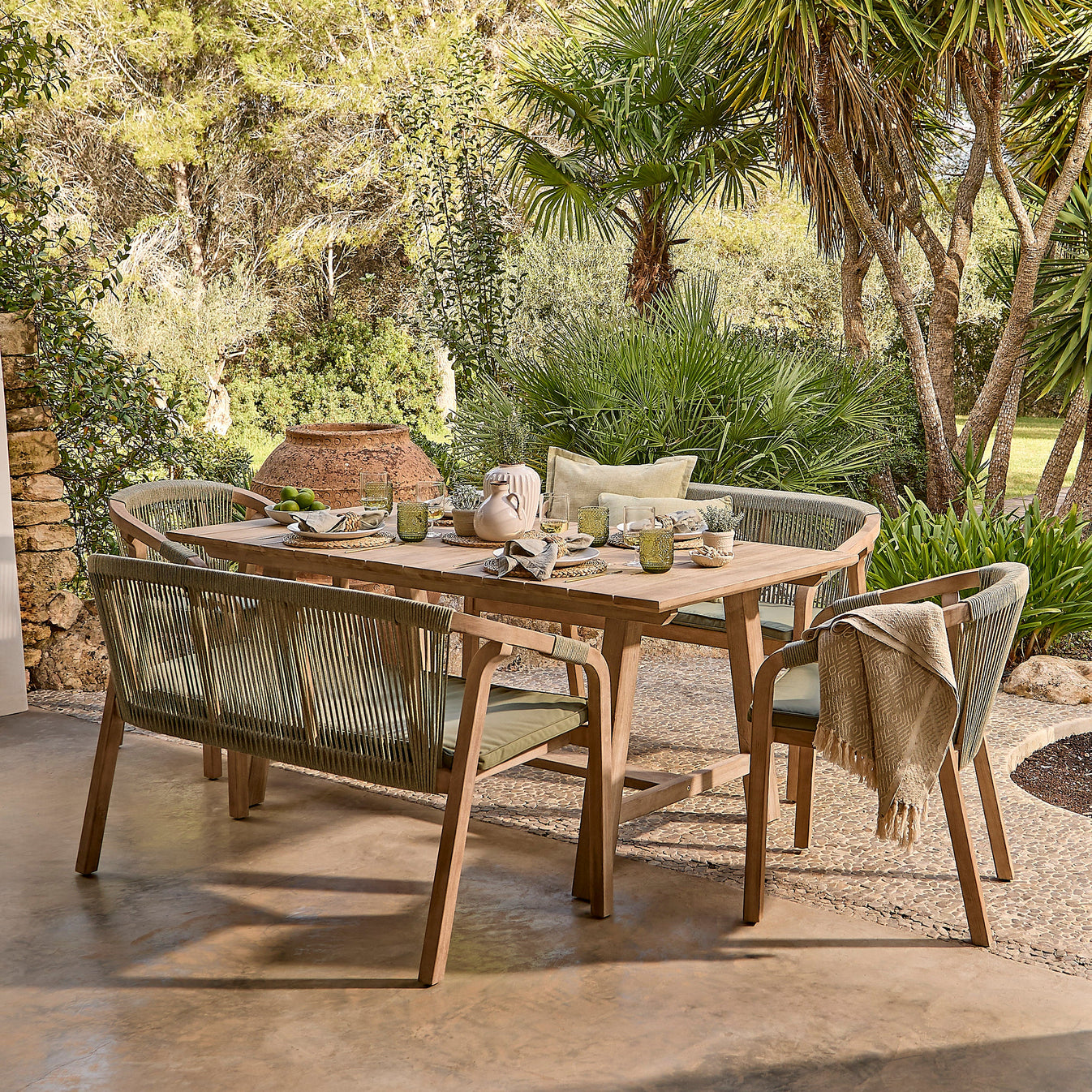 Shiro 6 Seater Wooden Garden Dining Set with 2 Shiro Benches & 2 Shiro ...