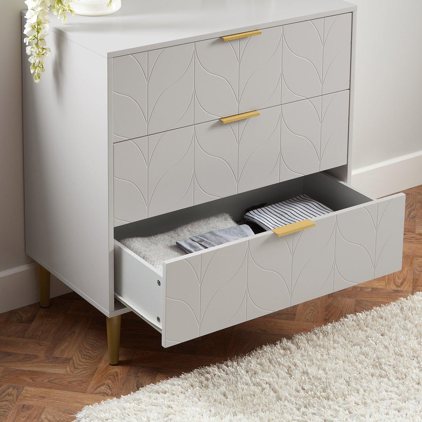 Gloria 3 Drawer Chest of Drawers- Grey & Brass Effect – Laura James Ireland